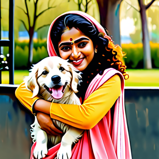 a happy bubbly Punjabi sikh girl with medium curly hairs hug her dog ...