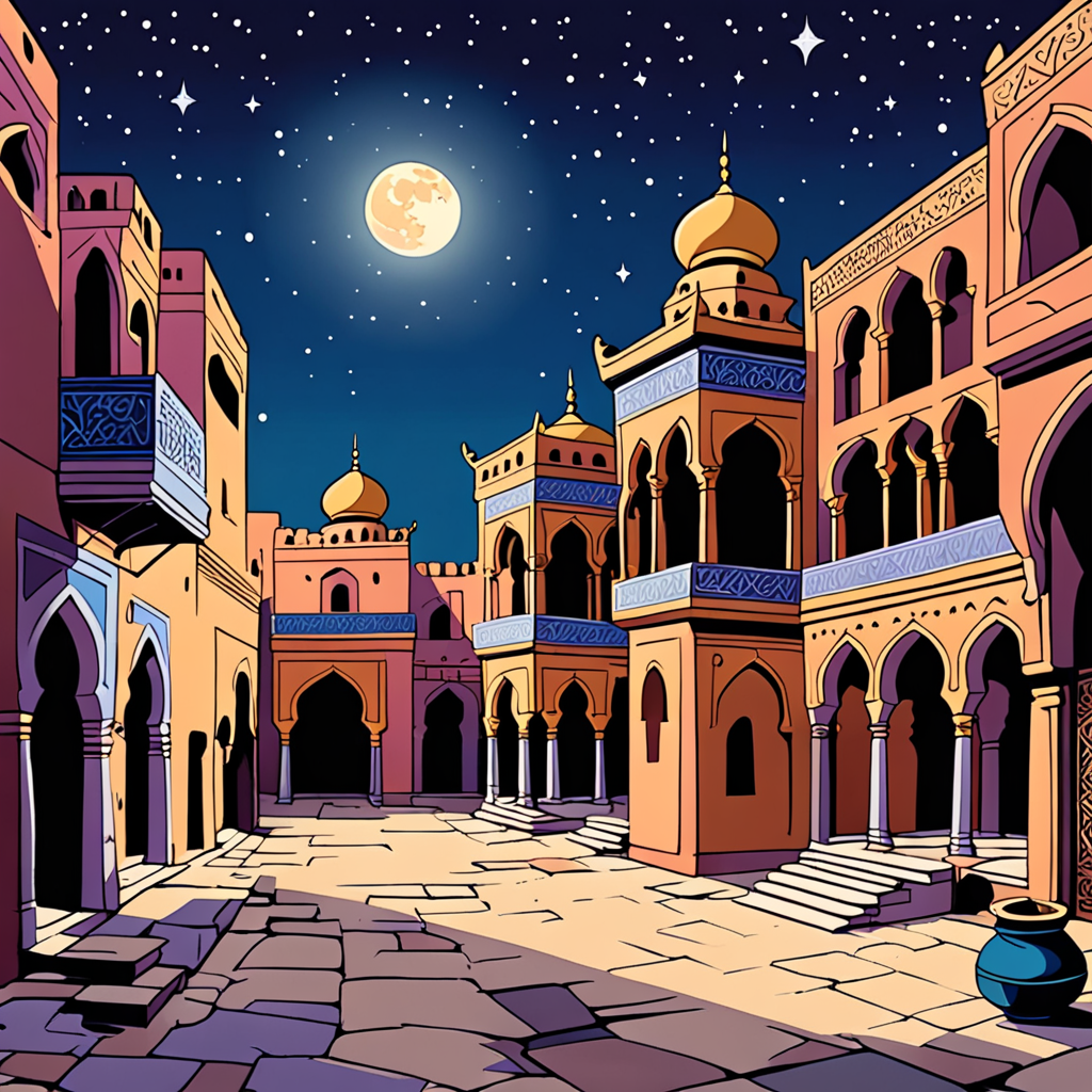 An empty abandoned courtyard in the city of Agrabah from the cartoon ...