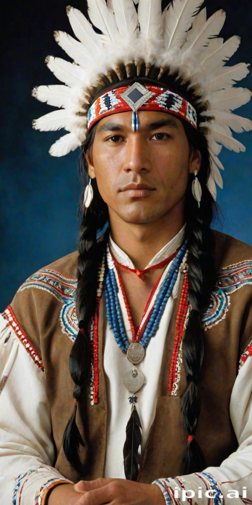 Portrait of a Native American Man in Traditional Headdress and Attire