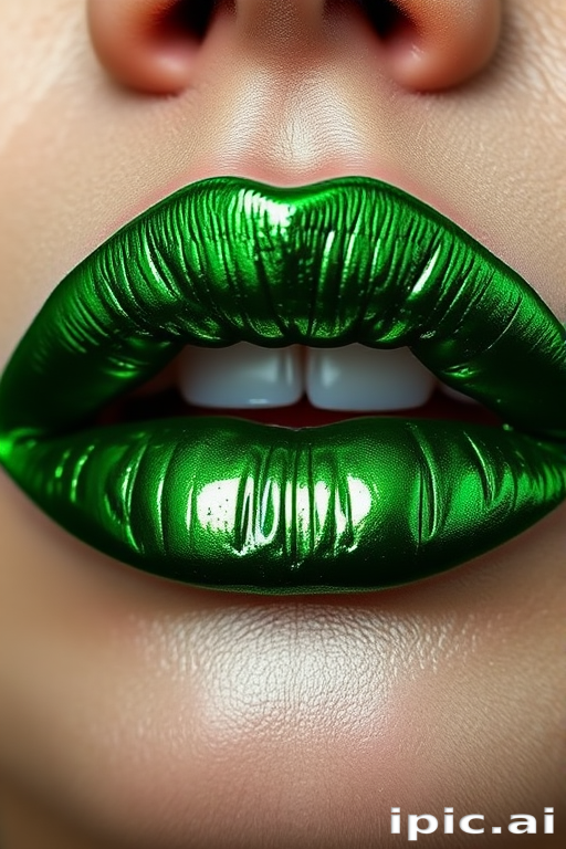 Radiant Green Metallic Lips Showcasing Bold and Daring Fashion Statement