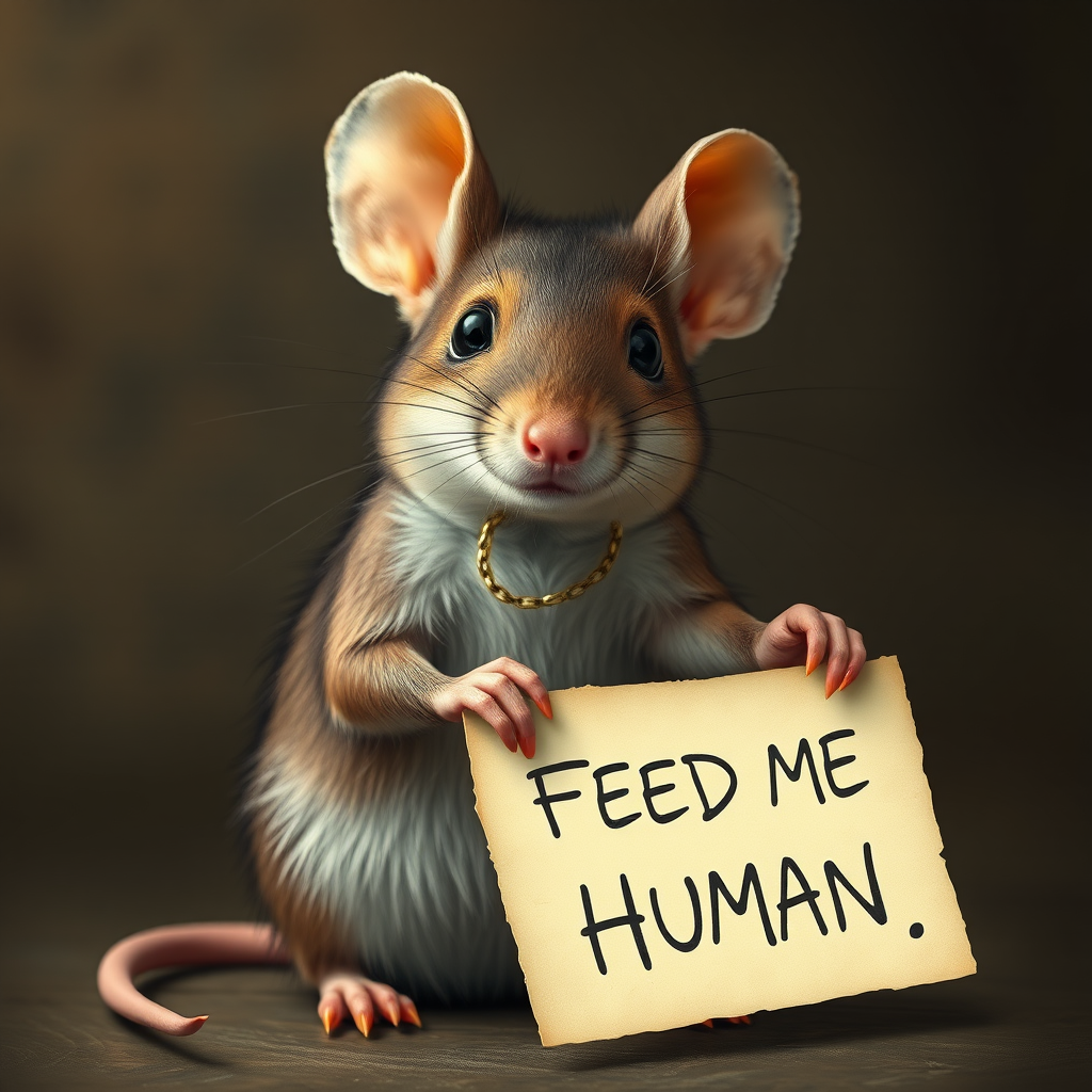 A Cute Mouse Holding a Sign Asking for Food from Humans