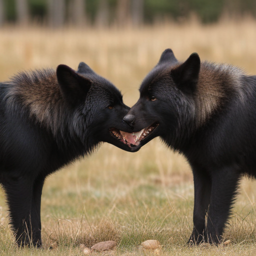 two black wolves touching noses