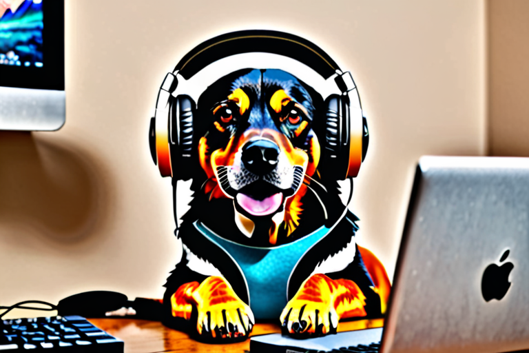 dog sitting on a gamer setup with headphones