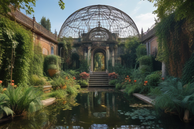 Etching of an enormous cascade in a ruinously palace garden, in the ...