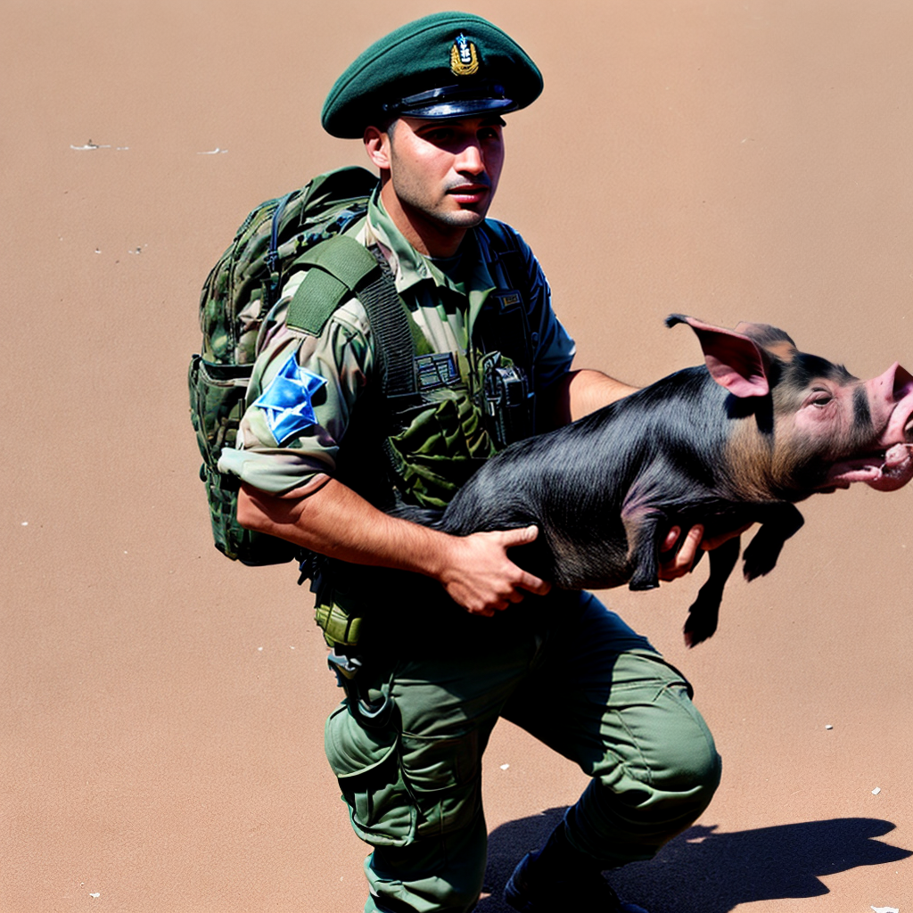 An Israeli soldier with a pig's head