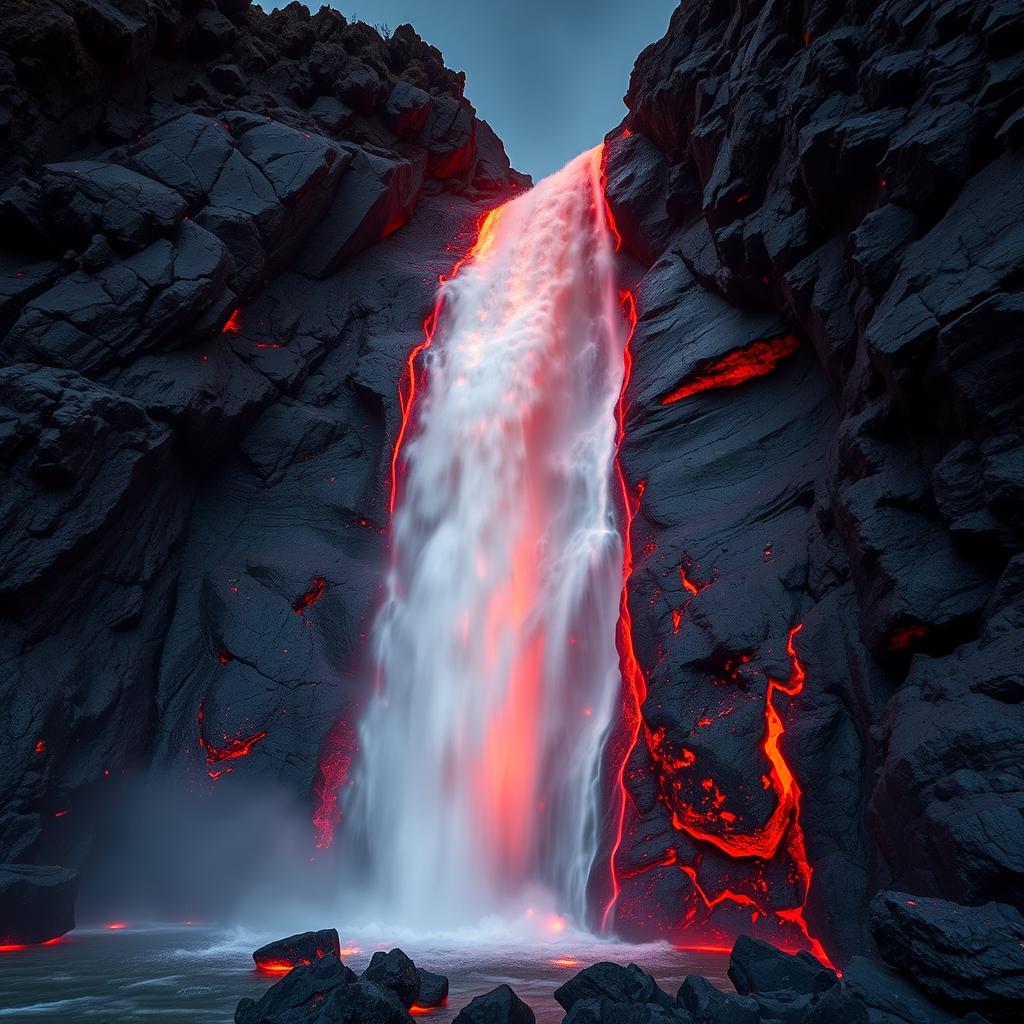 Majestic Lava Waterfall Cascading Through Fiery Rocks in Dramatic Landscape