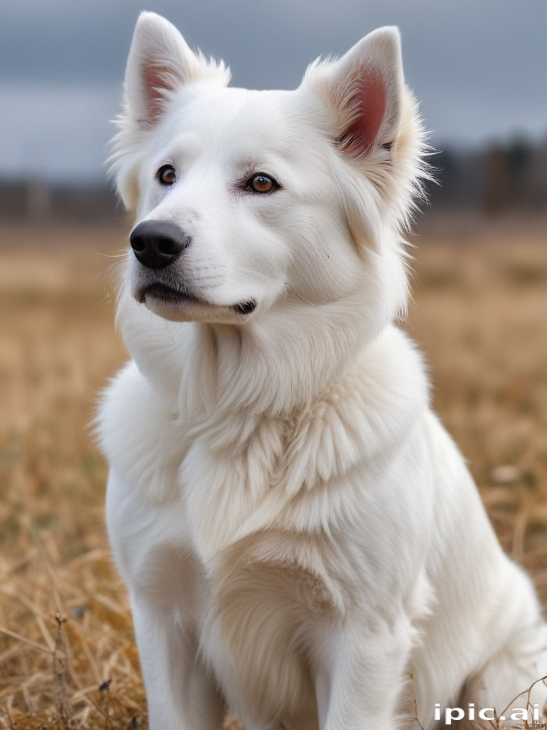 A Majestic White Dog Sitting Gracefully in a Beautiful Field Landscape.