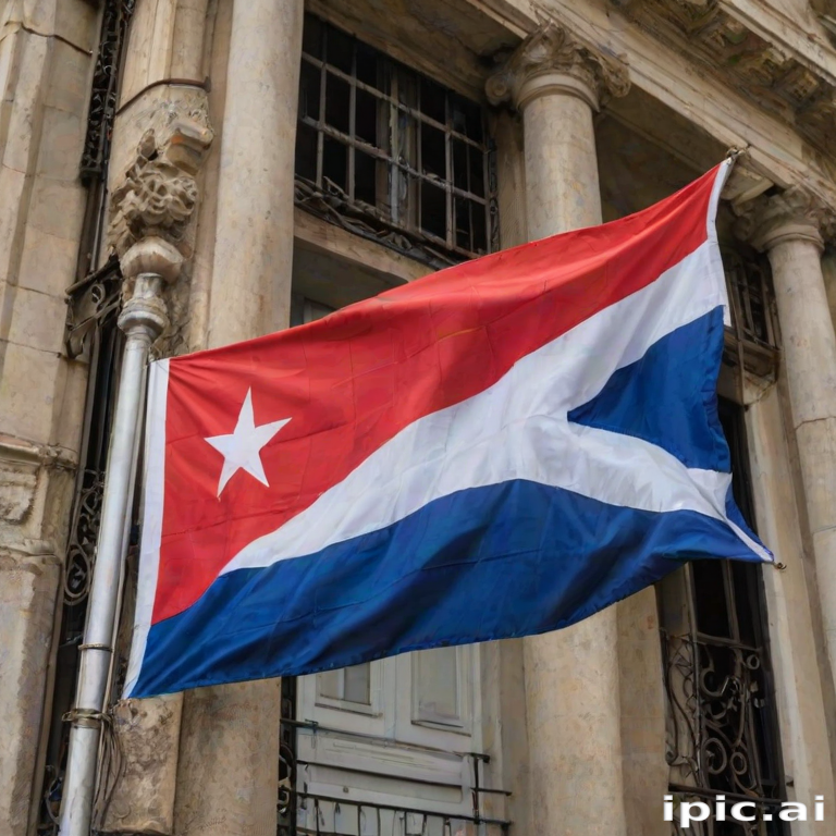 Cuban Flag Waving Proudly Outside Historic Building in Havana, Cuba