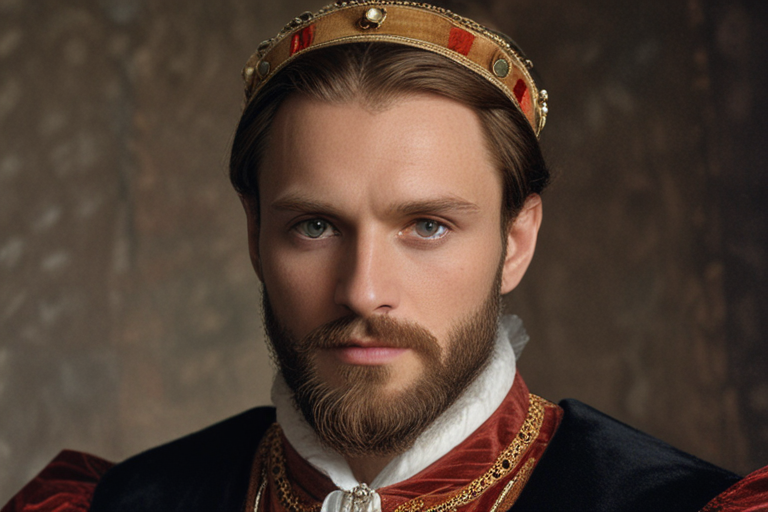 portrait of tudor era king, blonde, brown eyes, strong jawline, beard