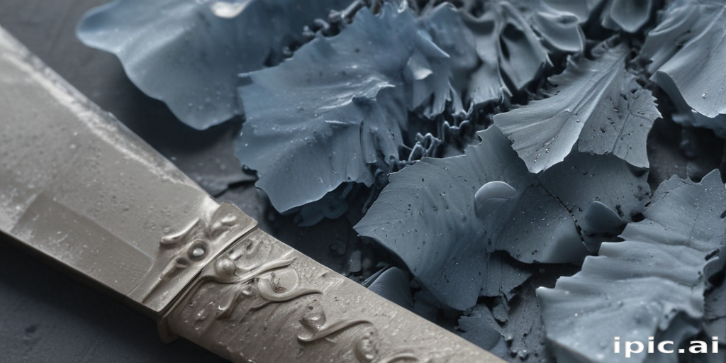 Intricate Patterns of Wet Slate Shards Beside an Elegant Knife Blade