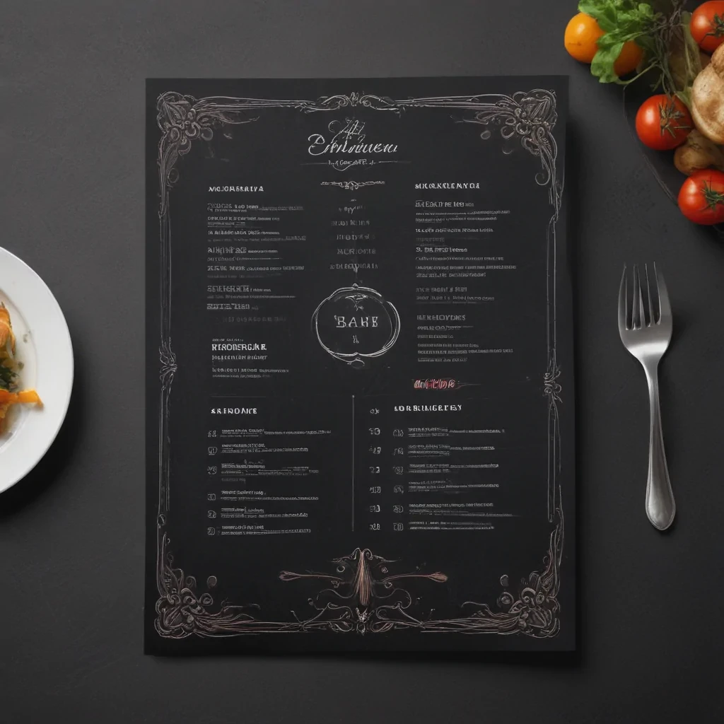 Elegant Black Menu Design Featuring Gourmet Dishes and Culinary Delights