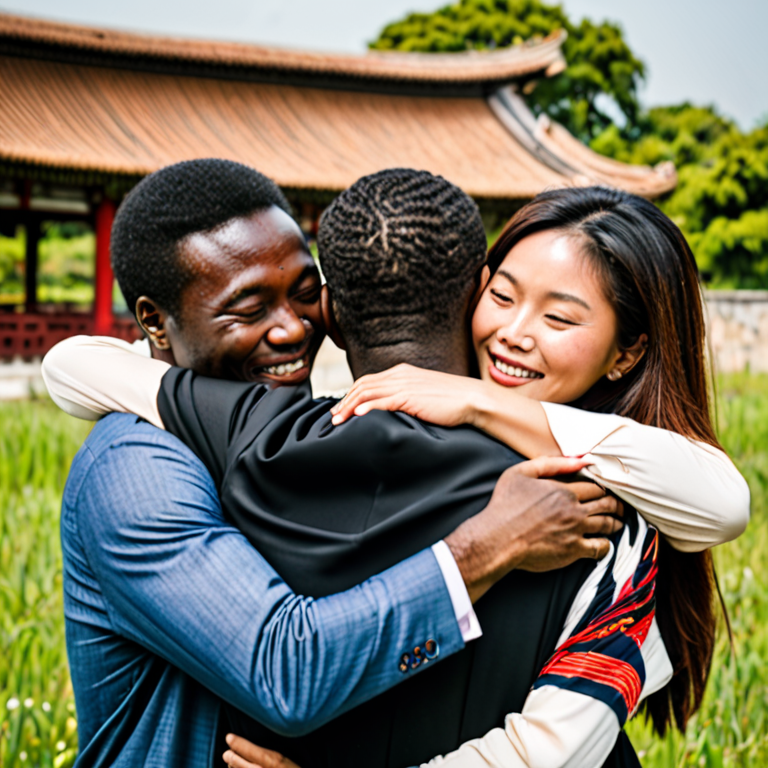 Asian, African and European people hugging each other
