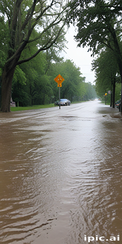 Severe Flooding on Residential Street Surrounded by Lush Green Trees