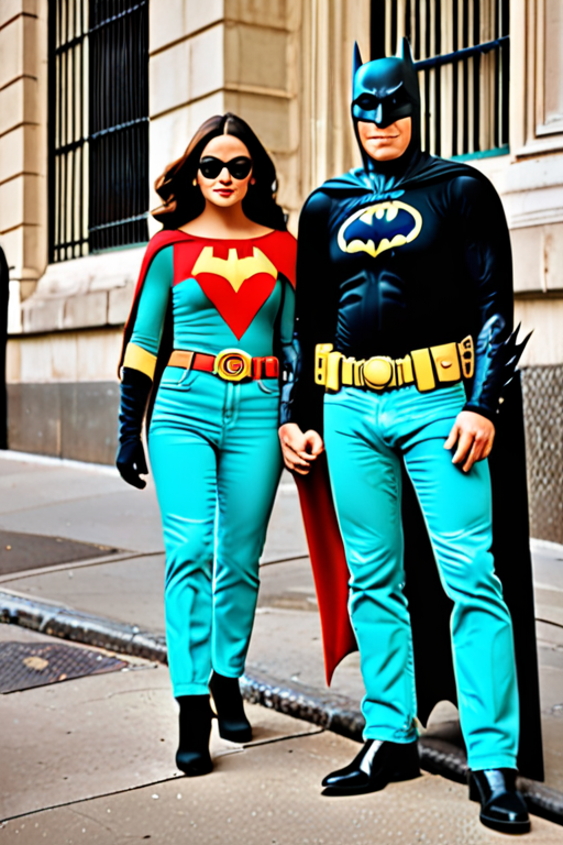 Batman and Robin in matching robin’s egg blue colored jeans