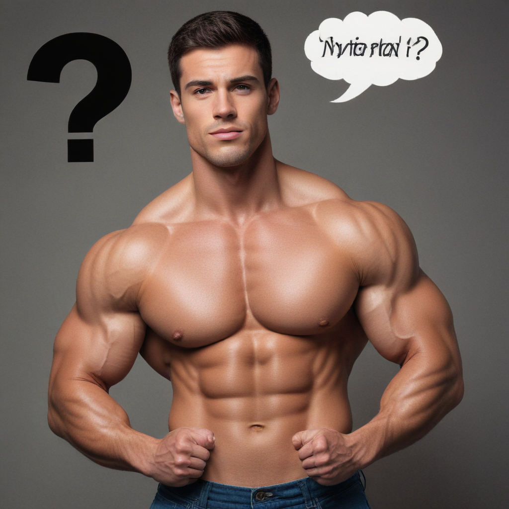 Super jacked guy with big muscles and a question mark over him as text