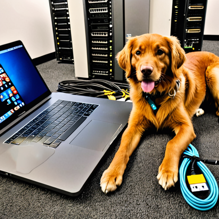 datacenter, hovawart tie dog, macbook pro, servers and cables