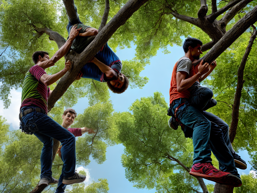 Two guys helping each other to climb a tree