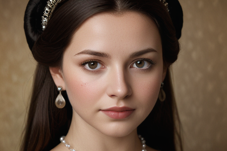 realistic and powerful photo of queen Anne Boleyn in real life, olive ...