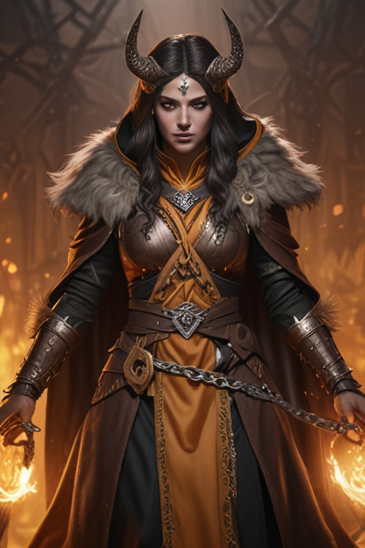 Druidic battle-witch in amber-colored wizard robes and chainmail and ...