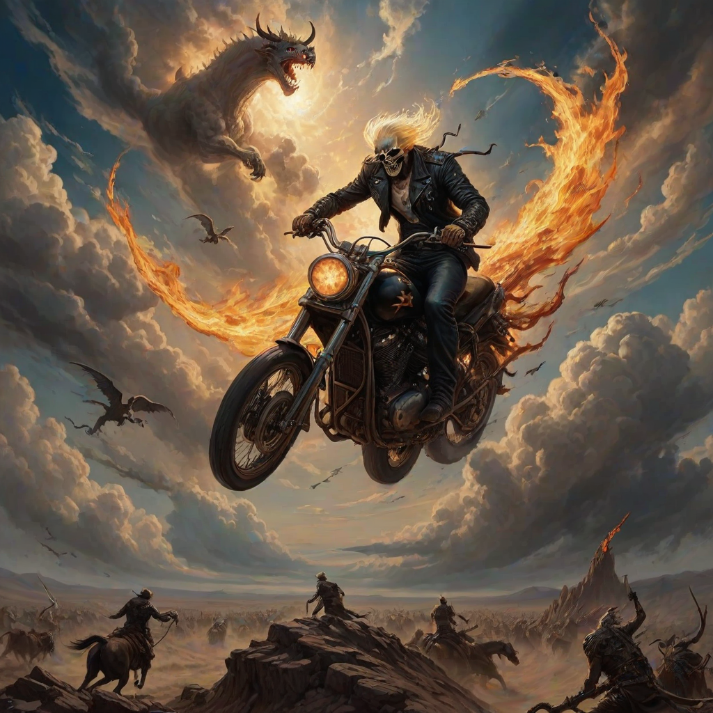 Epic Scene of a Ghost Rider on Fire, Battling Mythical Beasts in the Sky