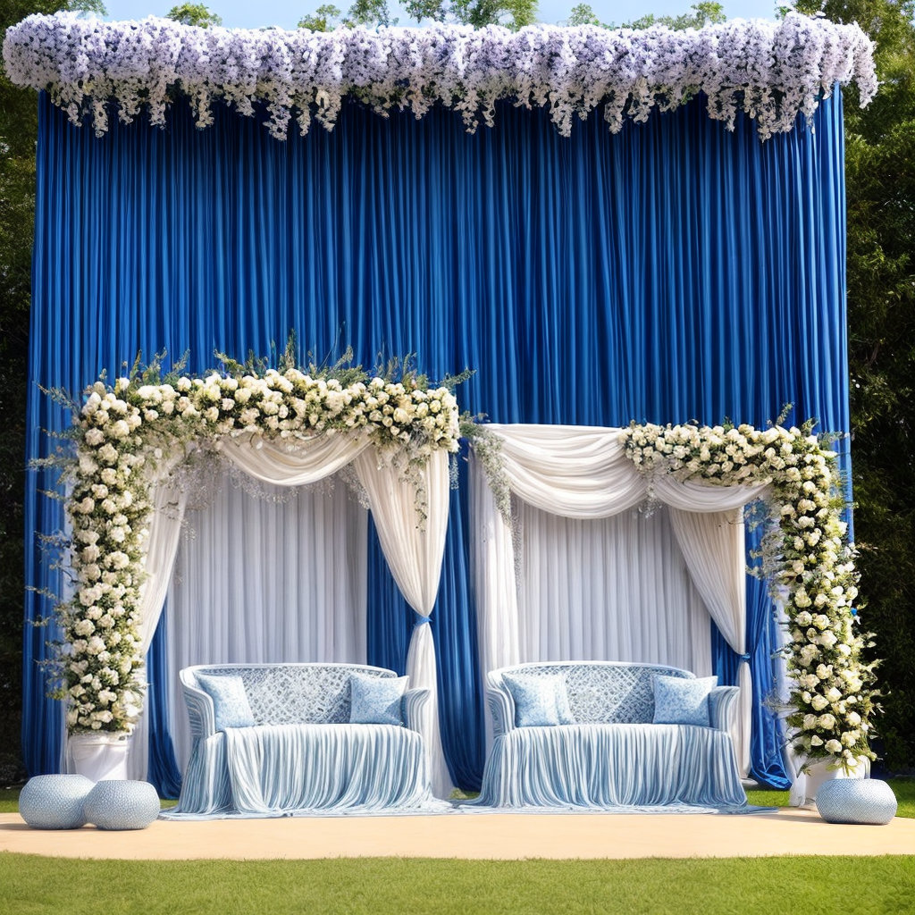 create me a couple seating stage with sofa and havey decorated backdrop ...