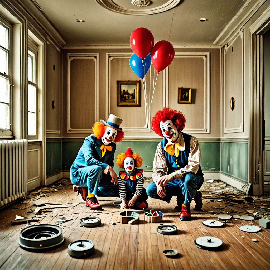a clown family, an engineer and woman, thermostat and broken objects on ...