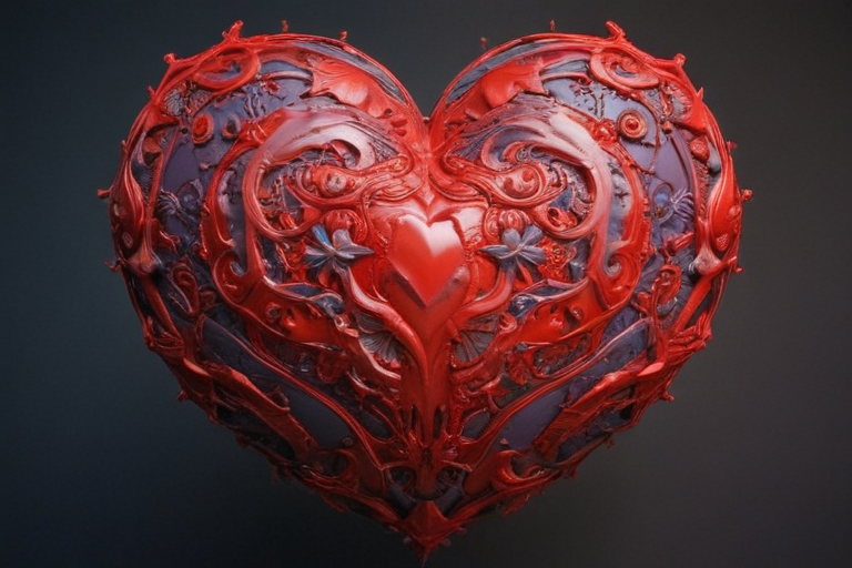 Intricate Red Heart Sculpture Adorned with Floral and Organic Patterns