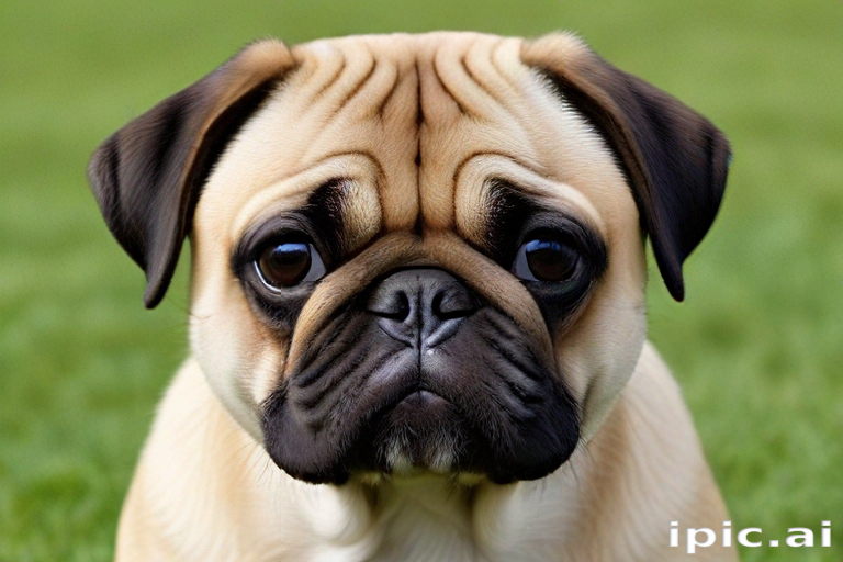 A Cute and Expressive Pug Dog with Wrinkled Face in Green Grass.