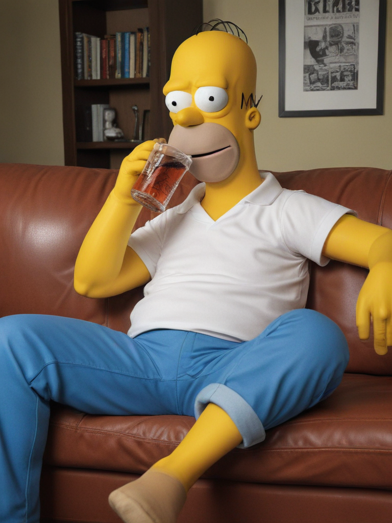 create a comic picture of homer simpson, sitting relaxed on his couch ...