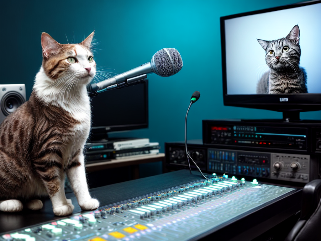 cat singing into a microphone in a recording studio with tv monitors