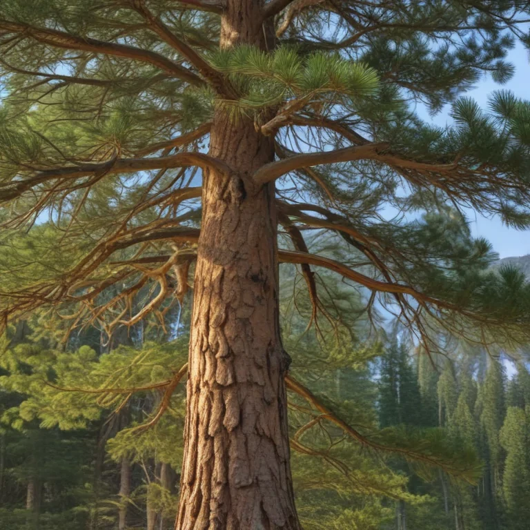 Majestic Pine Tree Standing Tall Amidst a Lush Forest Landscape.