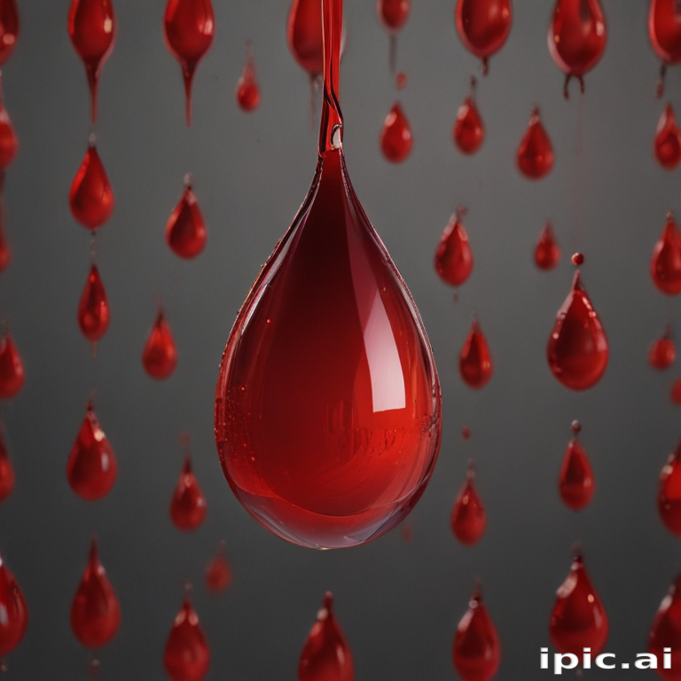 Beautifully Captured Red Liquid Droplets Hanging Against a Gray Background