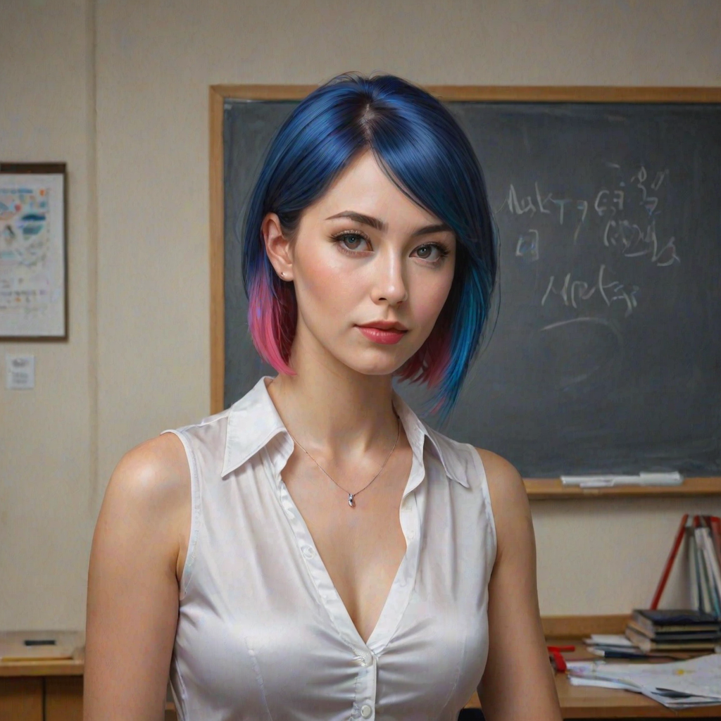 Young Woman with Stylish Blue and Pink Hair in Classroom Setting