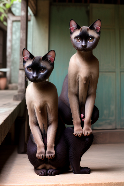 Two Uniquely Styled Siamese Cats Posing Gracefully in a Serene Setting