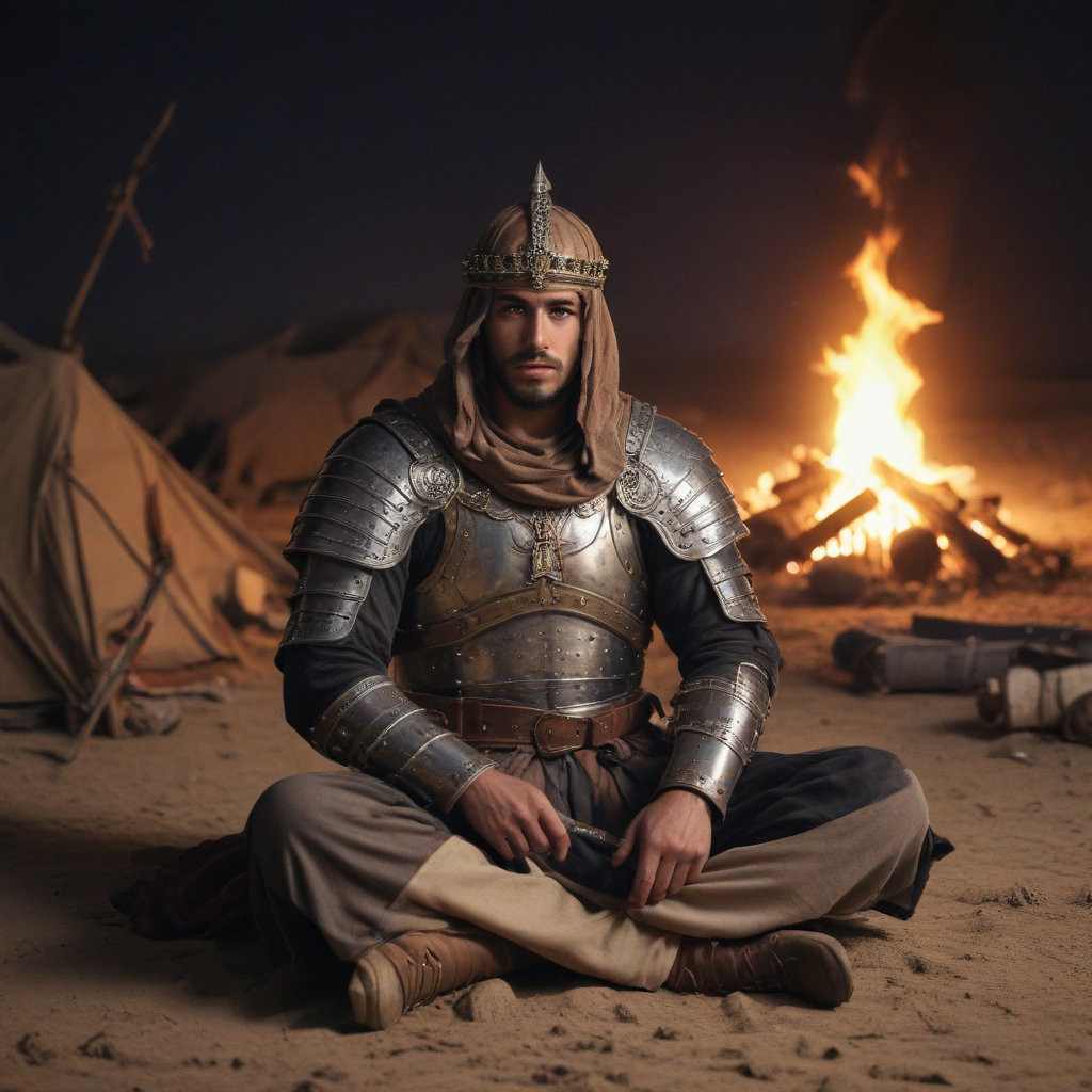 medival arabian strong built soldier fire camp at mid night, he is ...