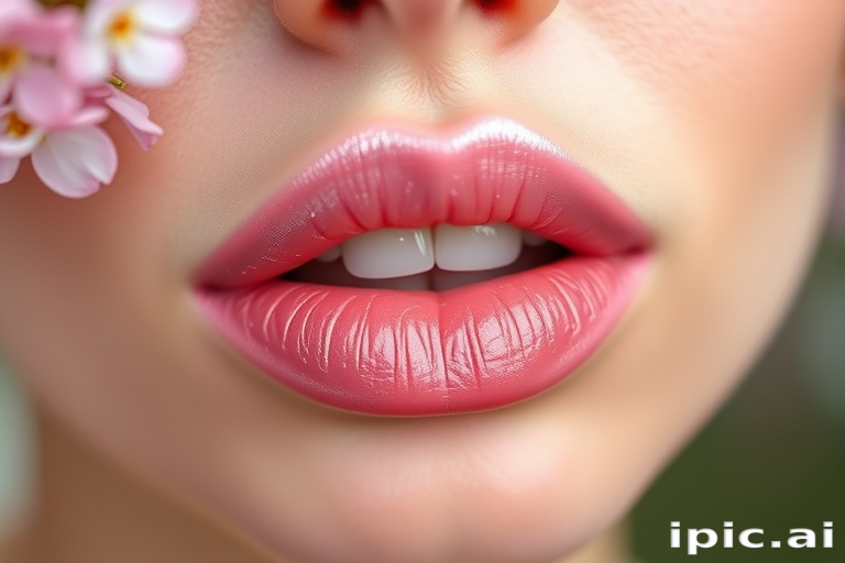 Close-Up of Glossy Lips Surrounded by Delicate Pink Blossoms in Nature