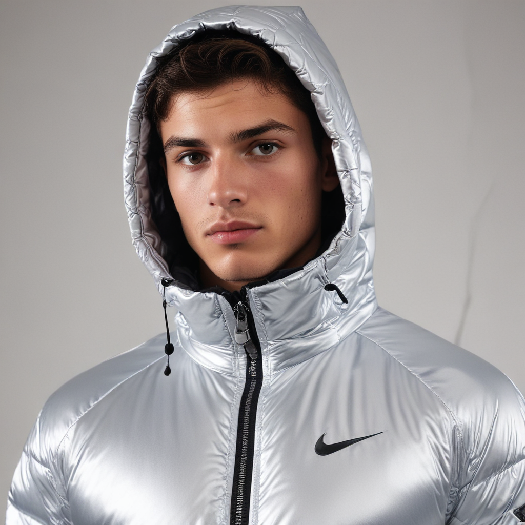 Male supermodel nike shiny puffer jacket bling jewellery hood