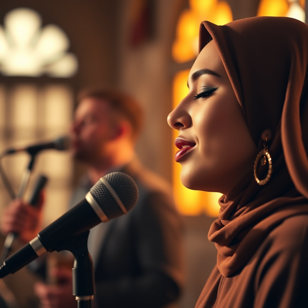 Captivating Performance: A Woman in Hijab Singing Passionately on Stage