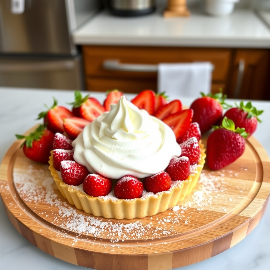 Delicious Strawberry Tart with Whipped Cream and Fresh Fruits on Display.