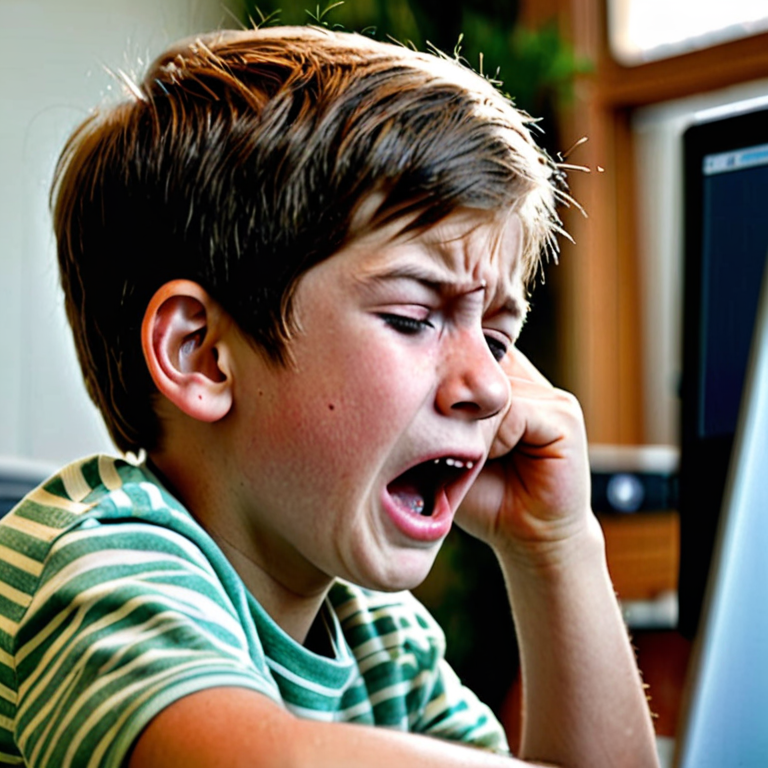 cyberbullying victim (kid) crying in front of its computer.