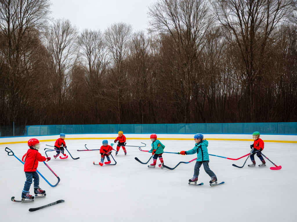 kids playing bandy in caged rink with wood roof in park during winter