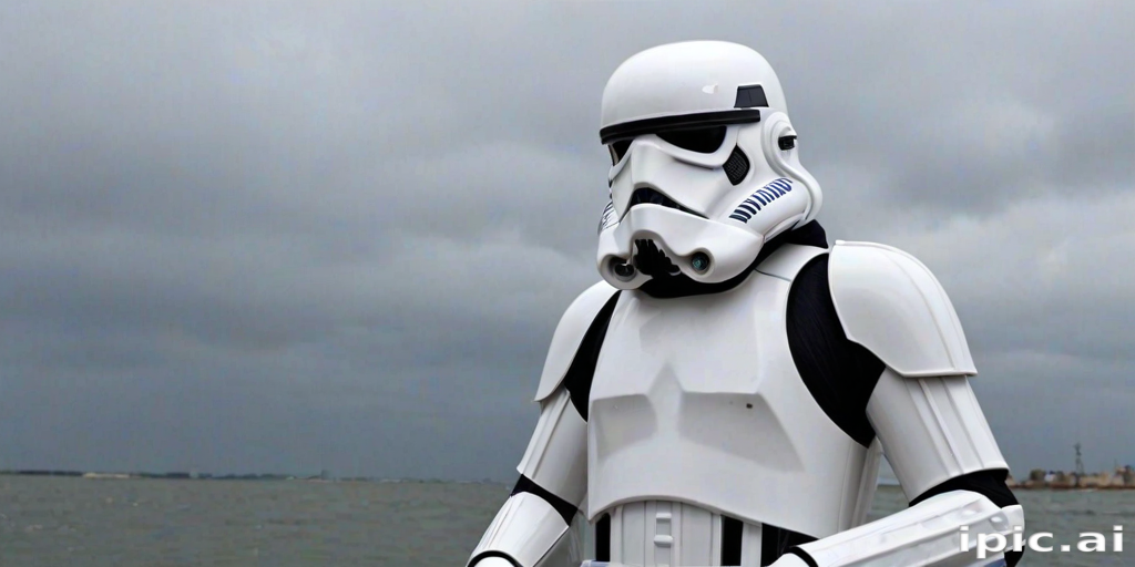 Stormtrooper Standing Alone by the Ocean Under a Cloudy Sky