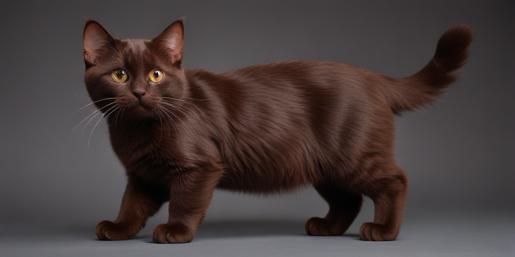 Playful Chocolate-Colored Cat Striking a Curious Pose Against a Grey ...