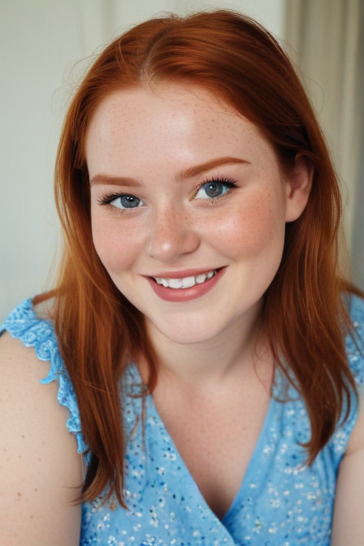 Chubby Overweight Redhead With Freckles In Blue Nightgown Smile With
