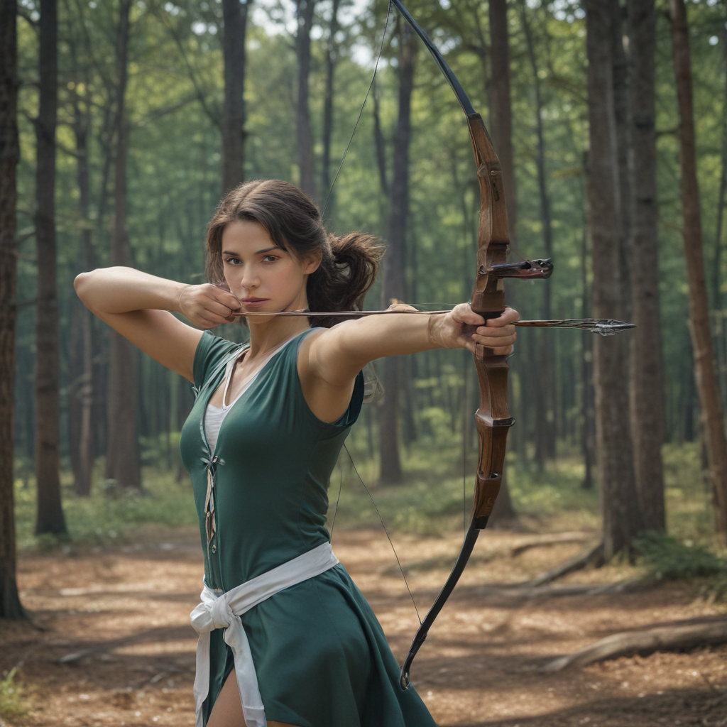 archer women with a big bow, against the background of the forest ...