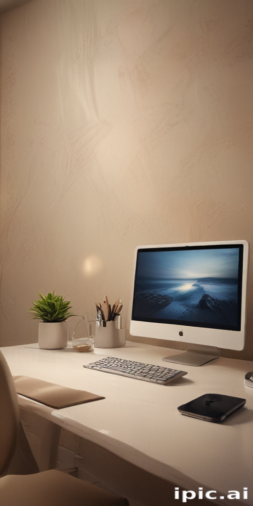 Modern Minimalist Workspace Featuring a Sleek Computer and Green Plant