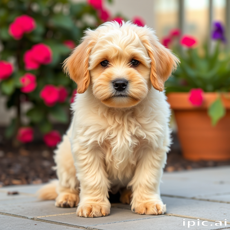 A Playful Golden Puppy Sitting Happily Amidst Colorful Flower Blooms.