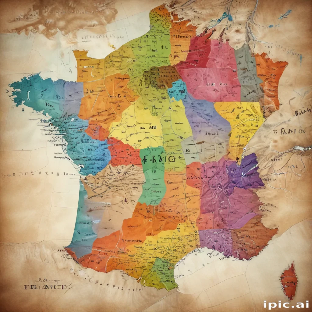 Colorful Vintage Map of France Highlighting Regions and Historical ...