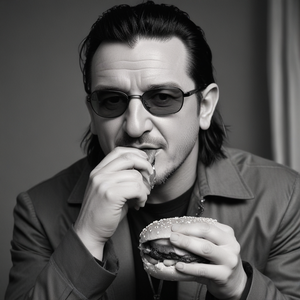 Bono Vox eating hamburger black and white