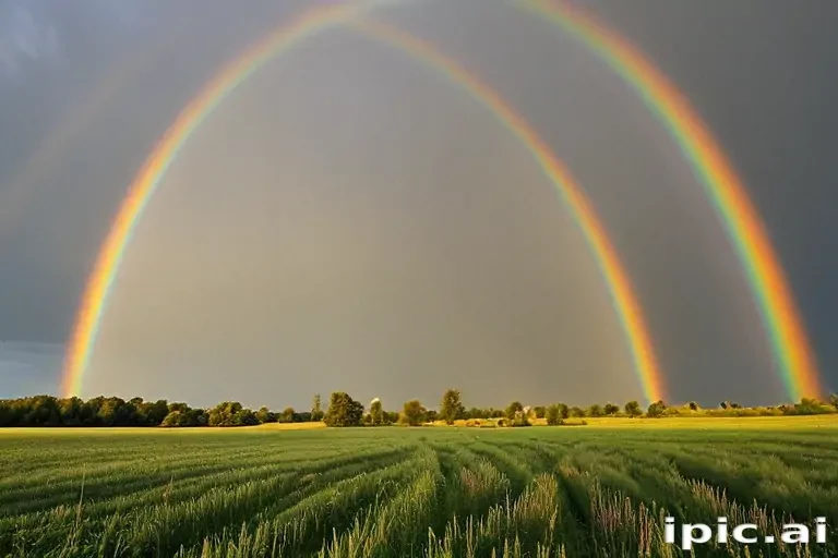 Majestic Double Rainbow Arches Over Lush Green Field Under Dramatic Sky